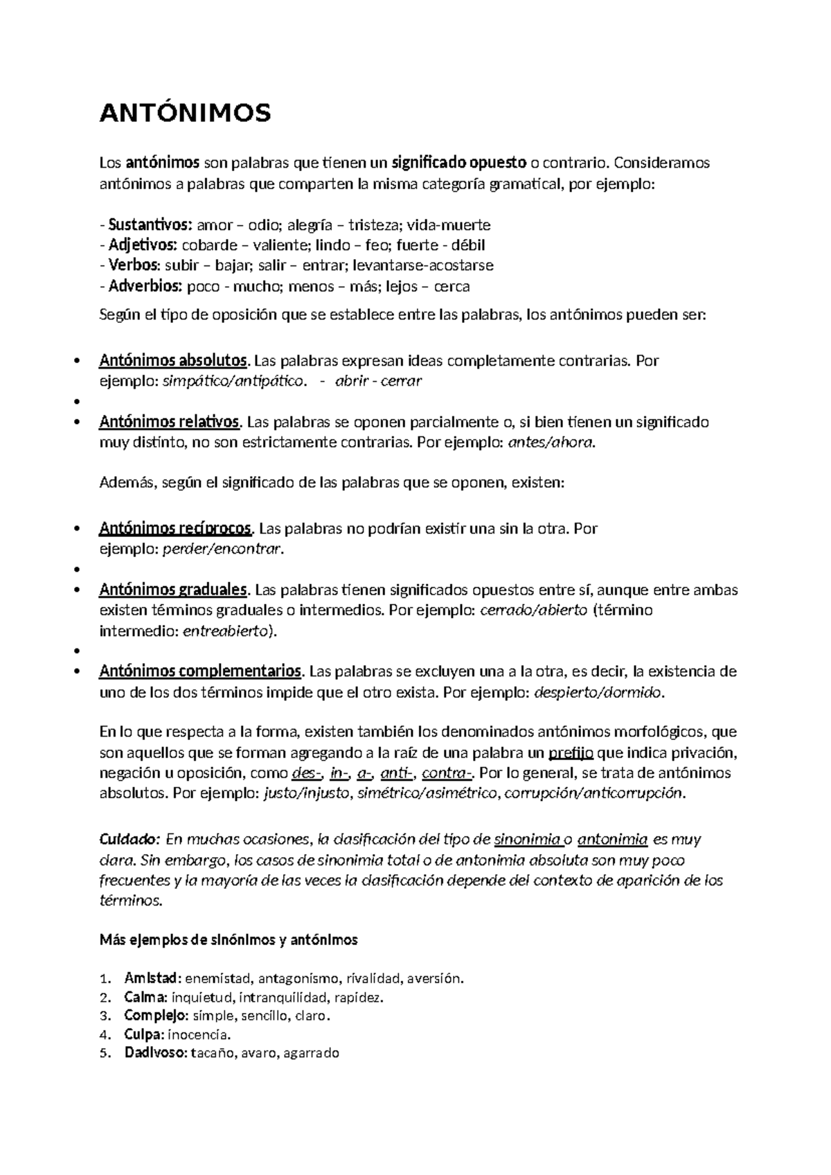 ANTÓNIMOS: Clasificación y Ejemplos de Opuestos en Español - Studocu