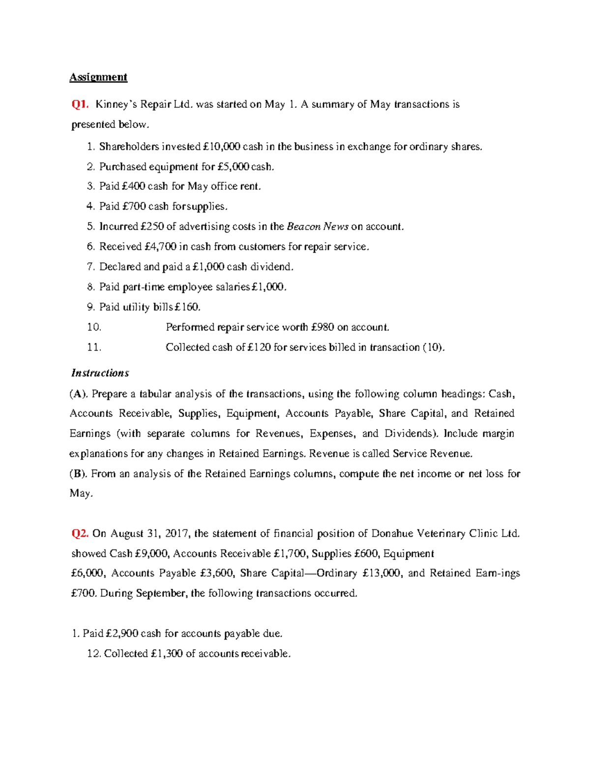 Accounting 101: Assignment on Transaction Analysis and Reporting - Studocu