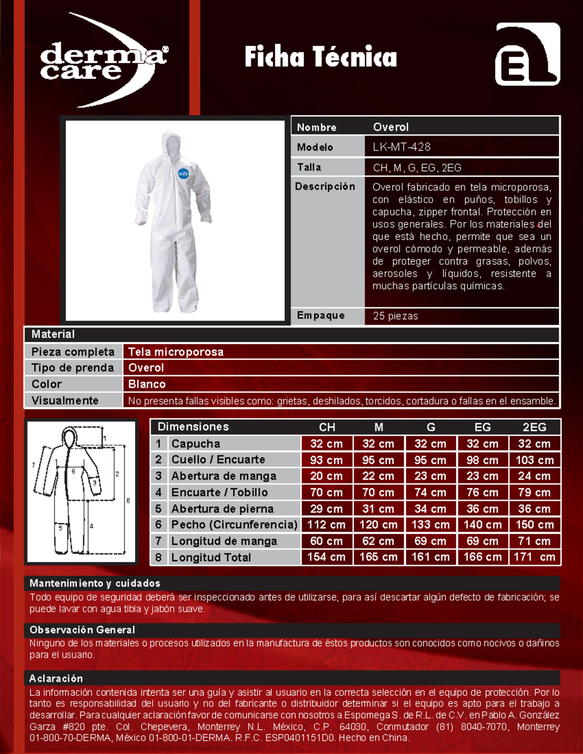 Ficha Técnica Overol Tyvek Derma CARE - Tallas CH, M, G, EG, 2EG - Studocu