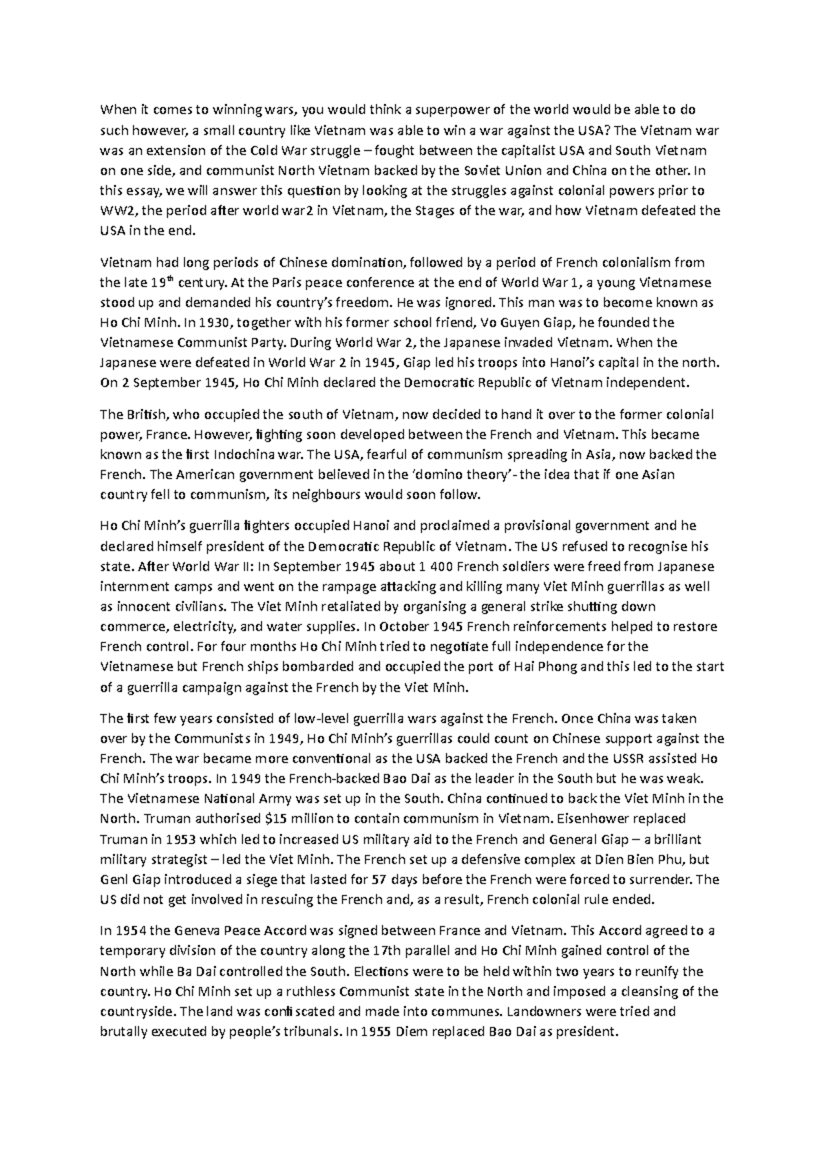 Essay on the Vietnam War: Strategies and Outcomes in History - Studocu