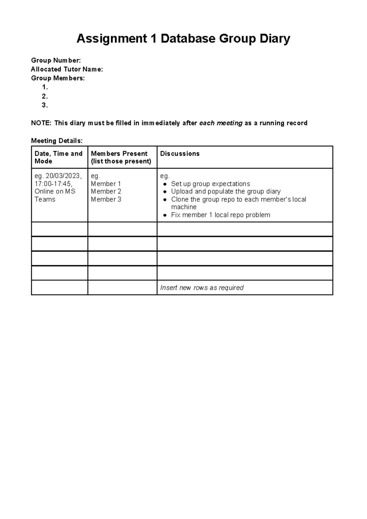 Group Diary Template - as seen - Assignment 1 Database Group Diary ...