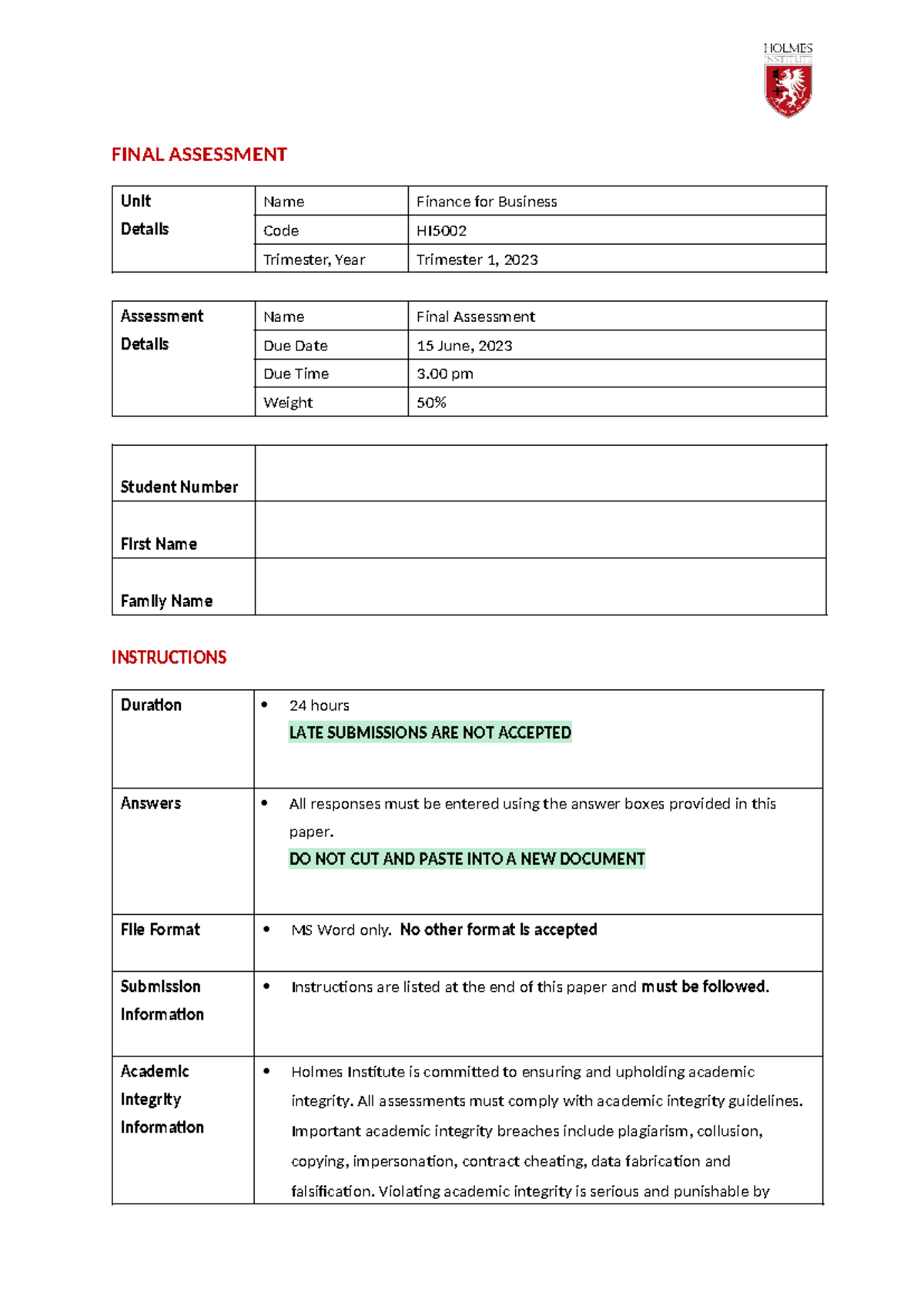 HI5002 Final Assessment: Finance for Business - T1 2023 Guide - Studocu