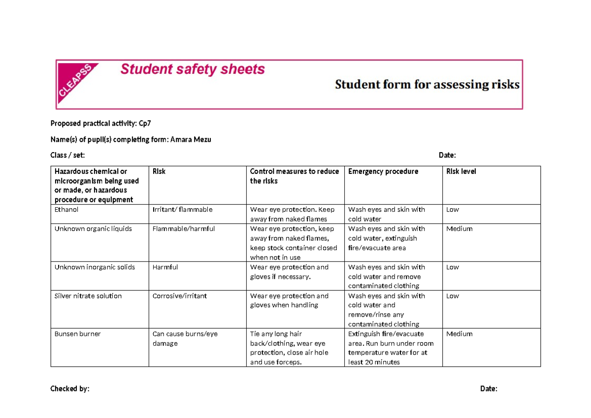 Risk Assessment for Practical Activity: Cp7 - Studocu