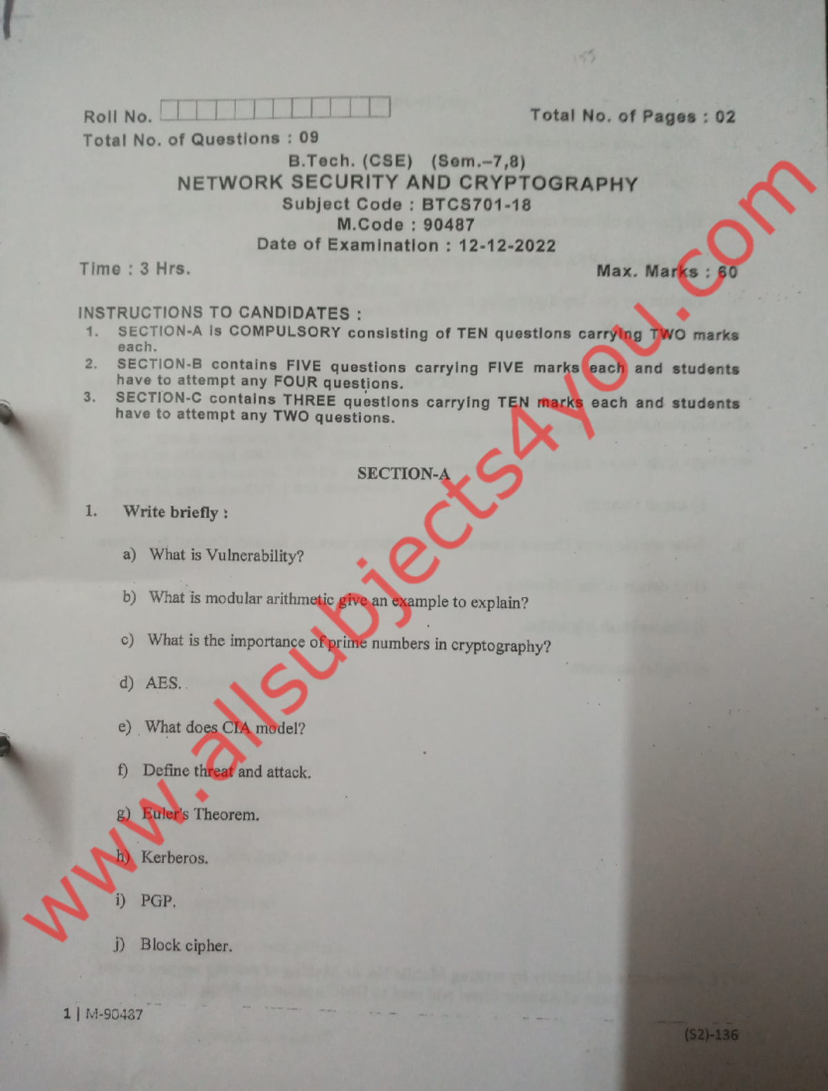NS paper 1 - Roll No. L U Total No. of Questions : 09 Total No. of ...