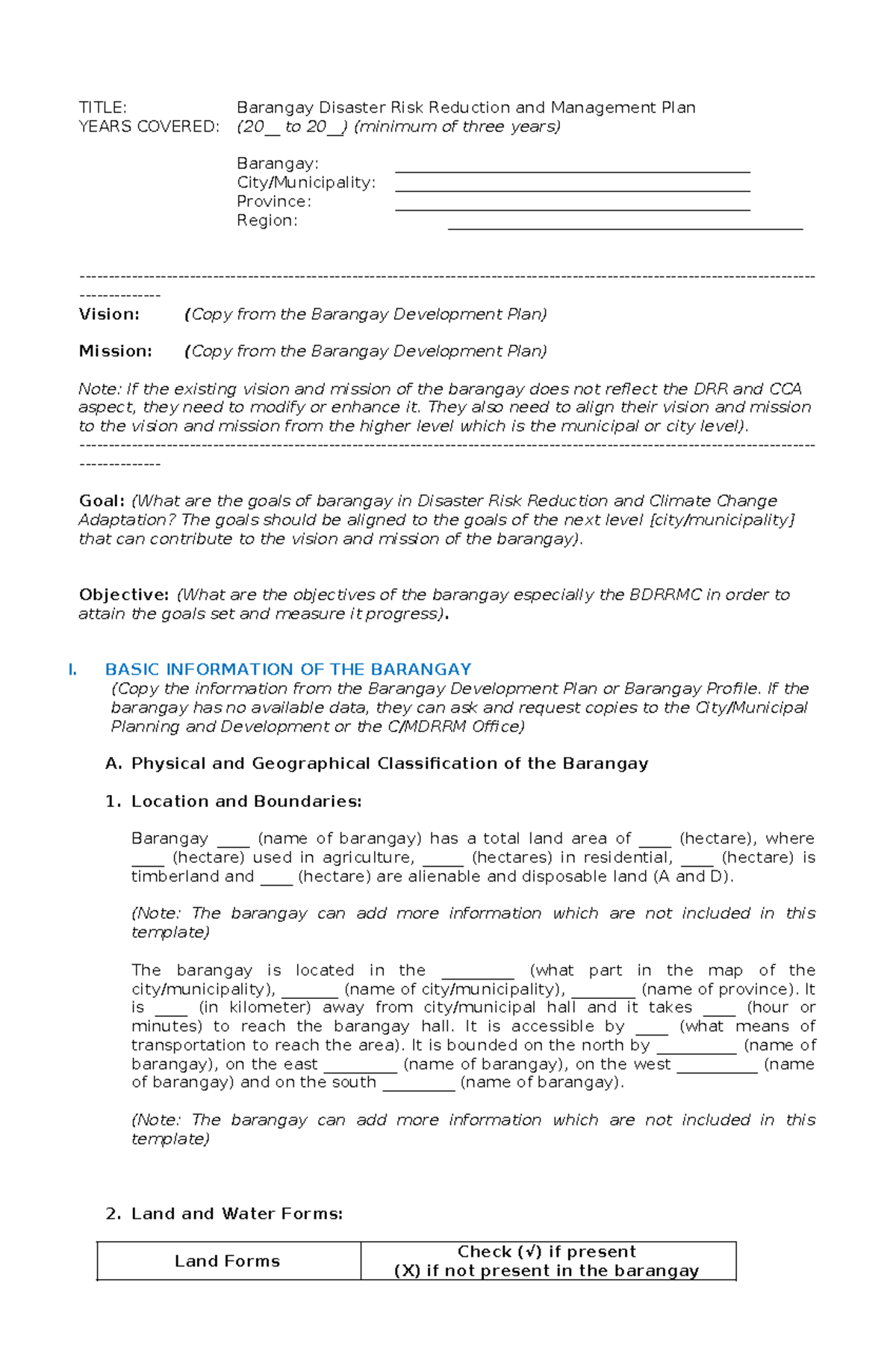 Barangay Disaster Risk Reduction & Management Plan Template (BDRRM ...