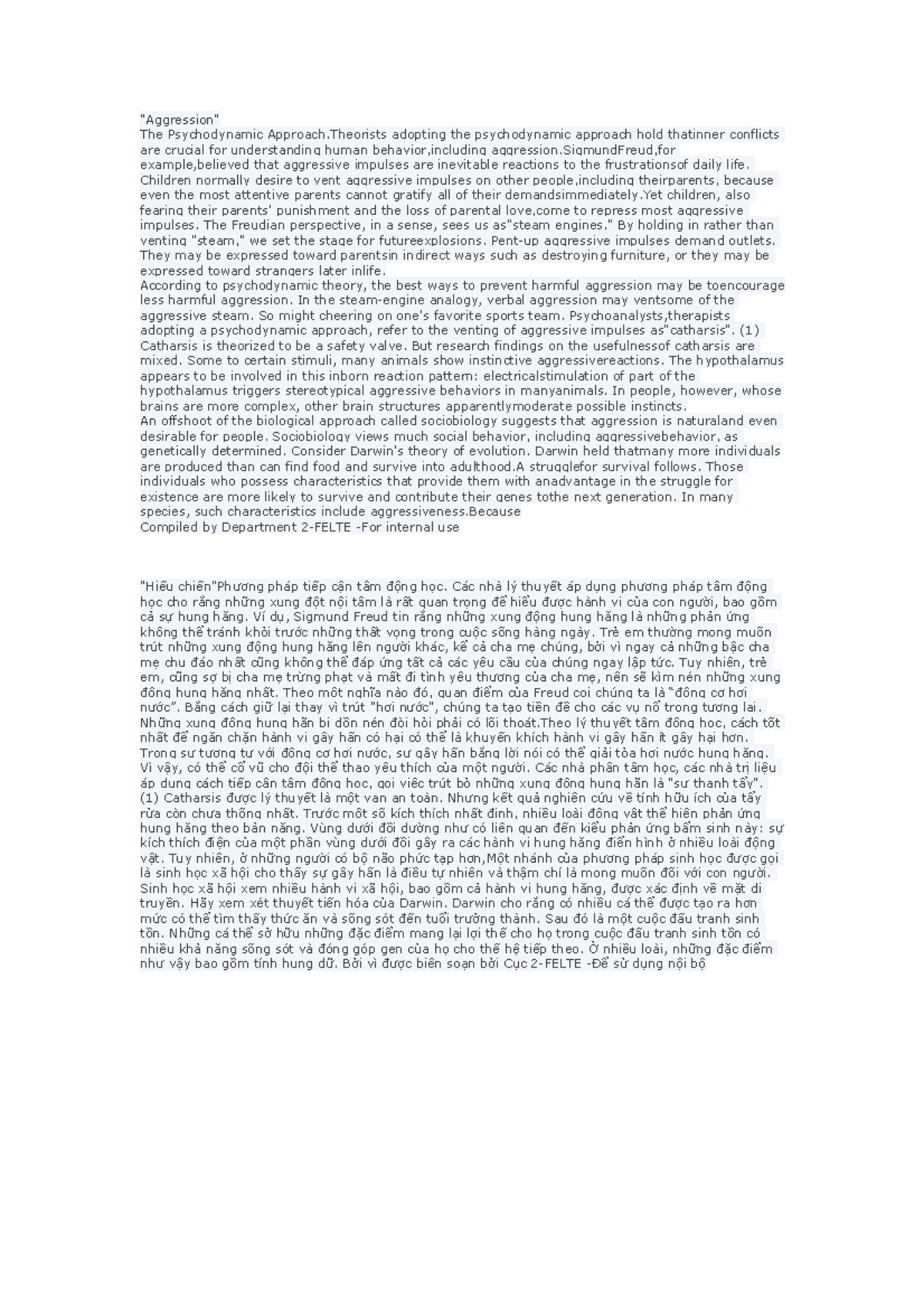 Aggression - note - "Aggression" The Psychodynamic Approach adopting ...
