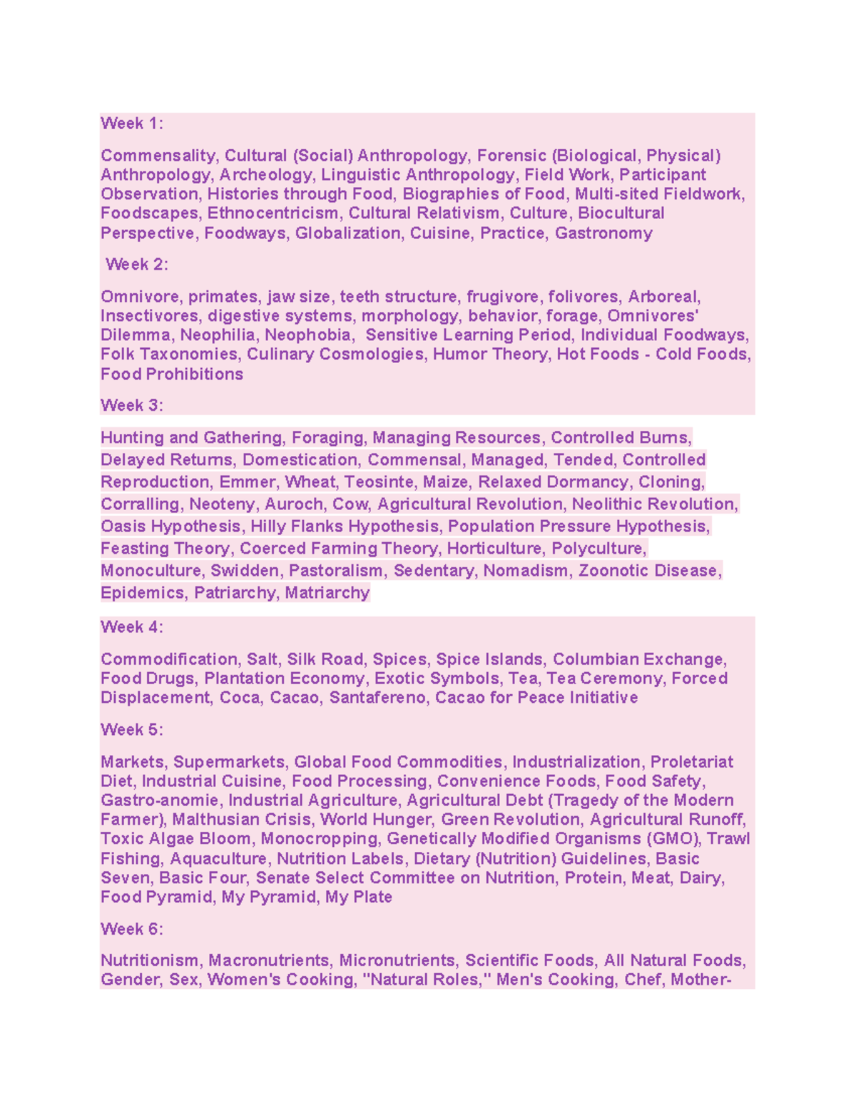 Food Anthropology: Insights from Weeks 1-7 (Course Code 101) - Studocu