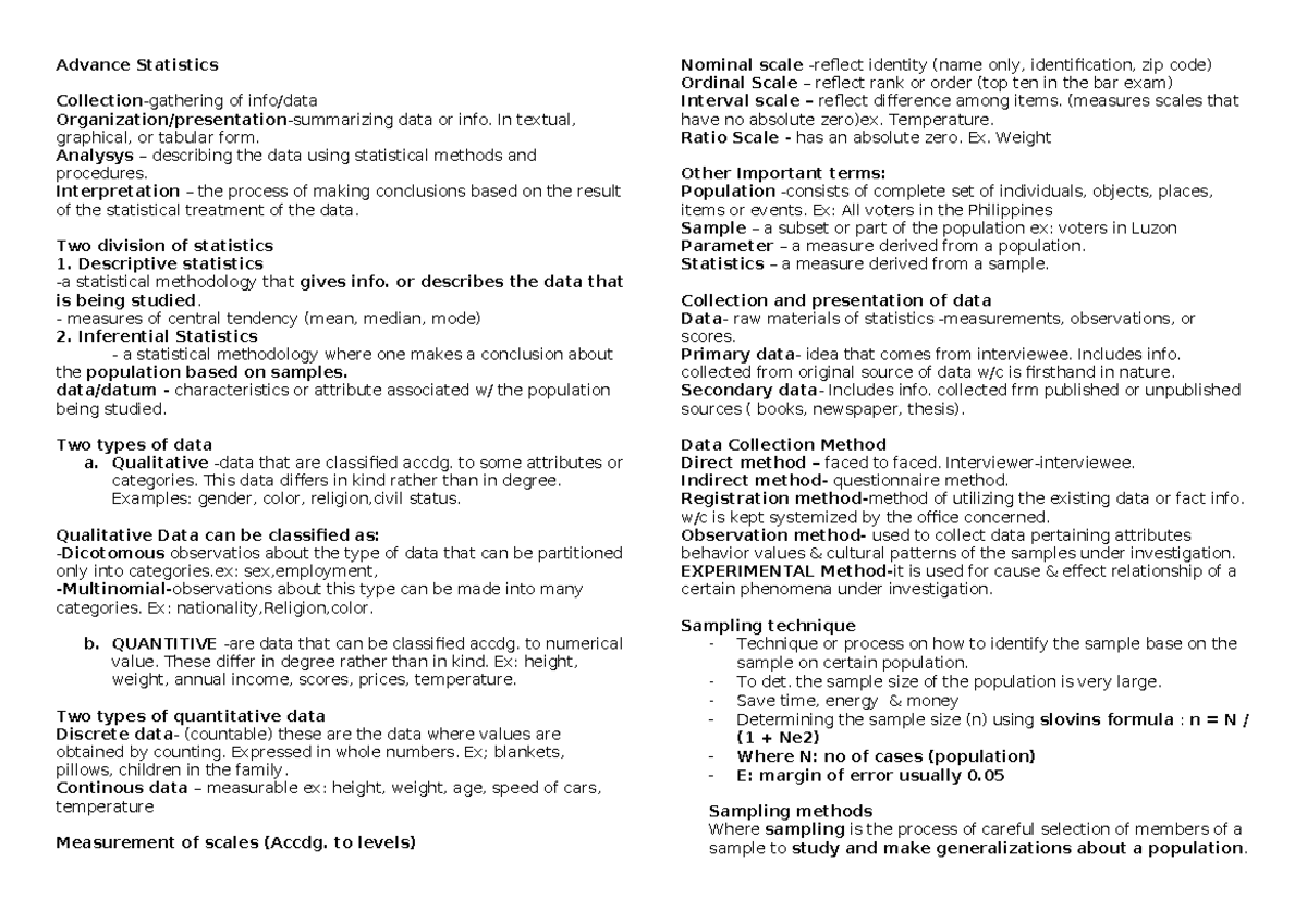 Advanced Statistics: Descriptive & Inferential Methods - Studocu