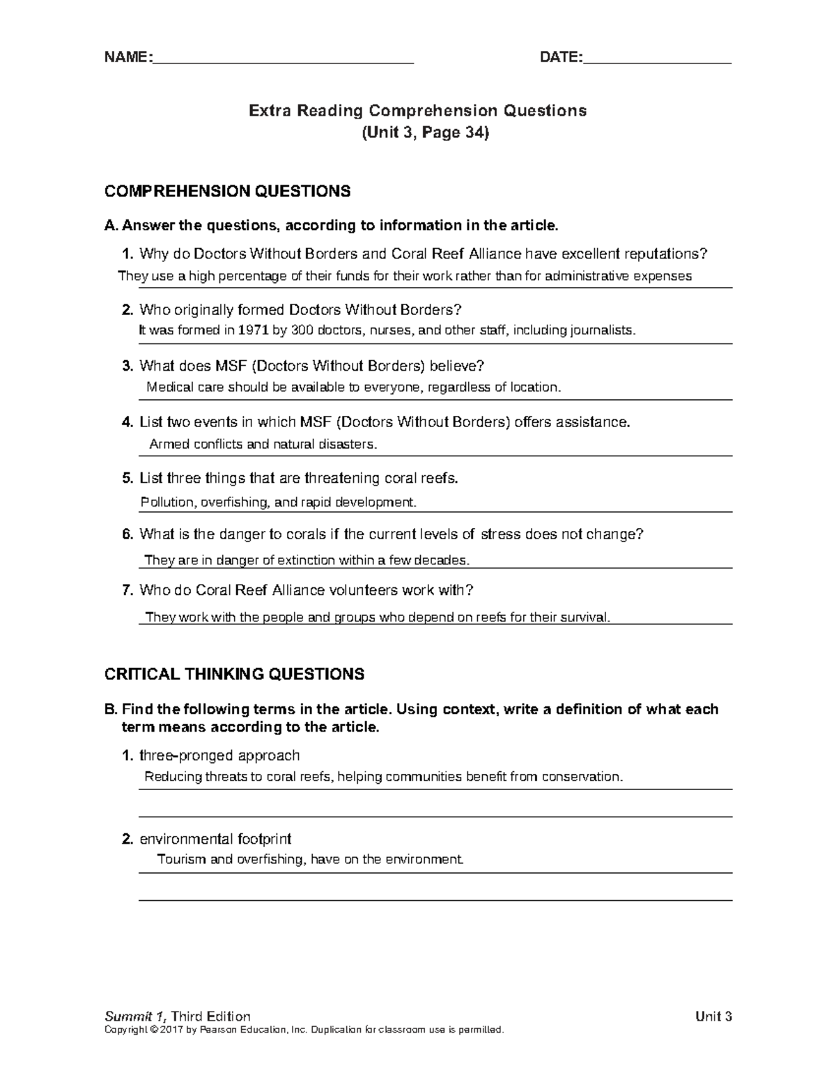 Extra Reading Comprehension Questions (Unit 3, Page 34) - Studocu