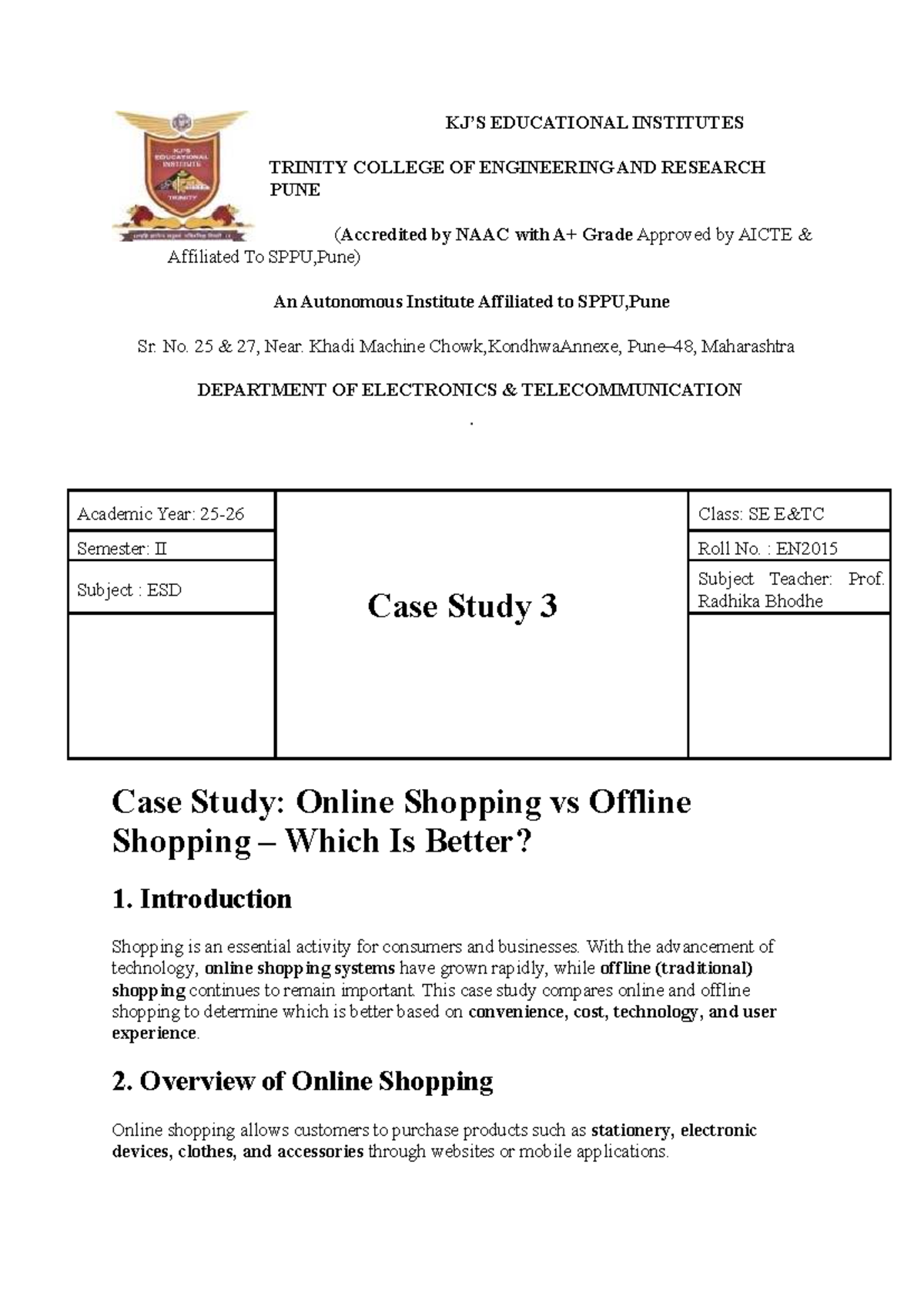 Case Study 3: Online vs Offline Shopping - ESD EN2015 Analysis - Studocu