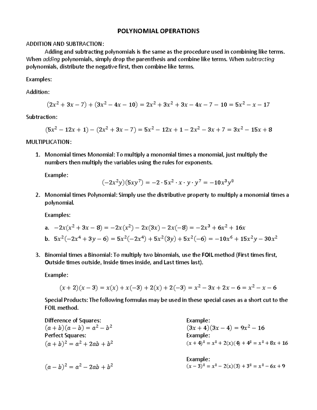 MATH 101: Polynomial Operations - Addition, Subtraction, and ...
