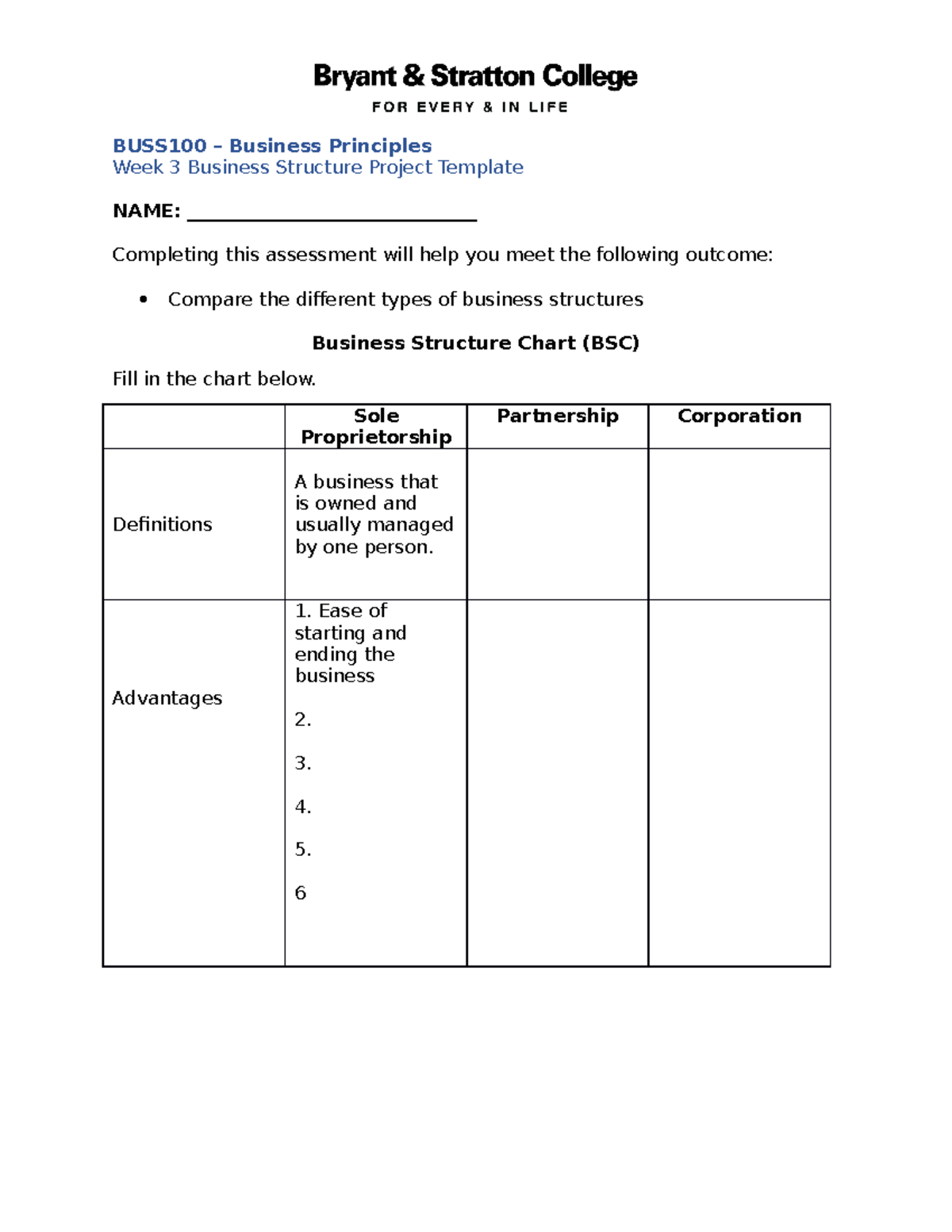 BUSS100 - Business Structure Project Template - BUSS100 – Business ...