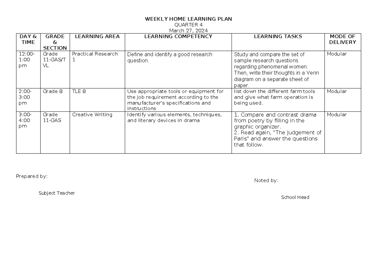 Weekly Learning Plan Q4 for Grades 8 & 11-GAS/T - Mar 27, 2024 - Studocu