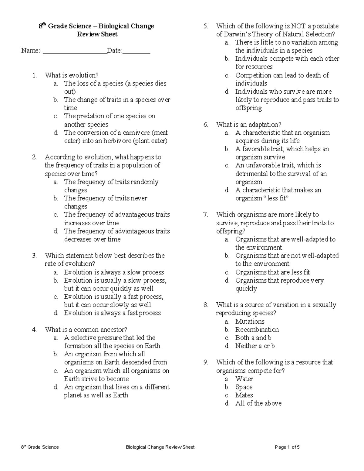 8th Grade Science Study Guide: Biological Change and Evolution - Studocu