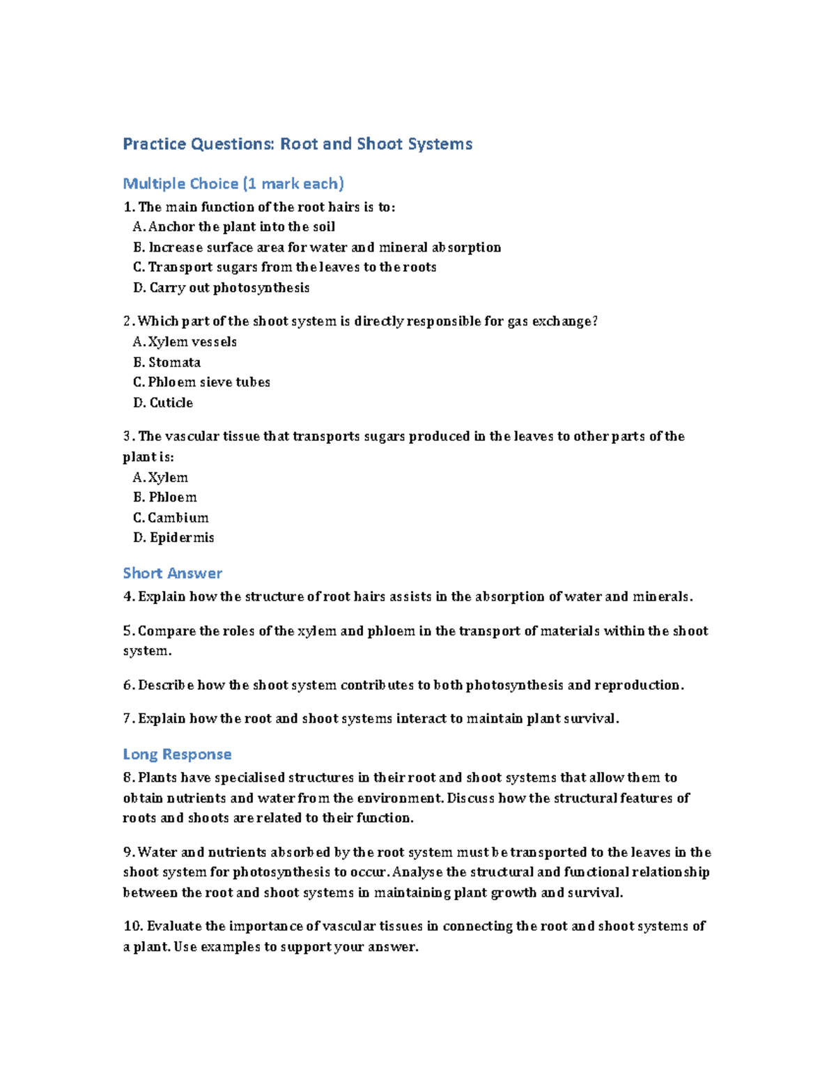 Practice Questions: Root and Shoot Systems MCQ & Short Answers - Studocu