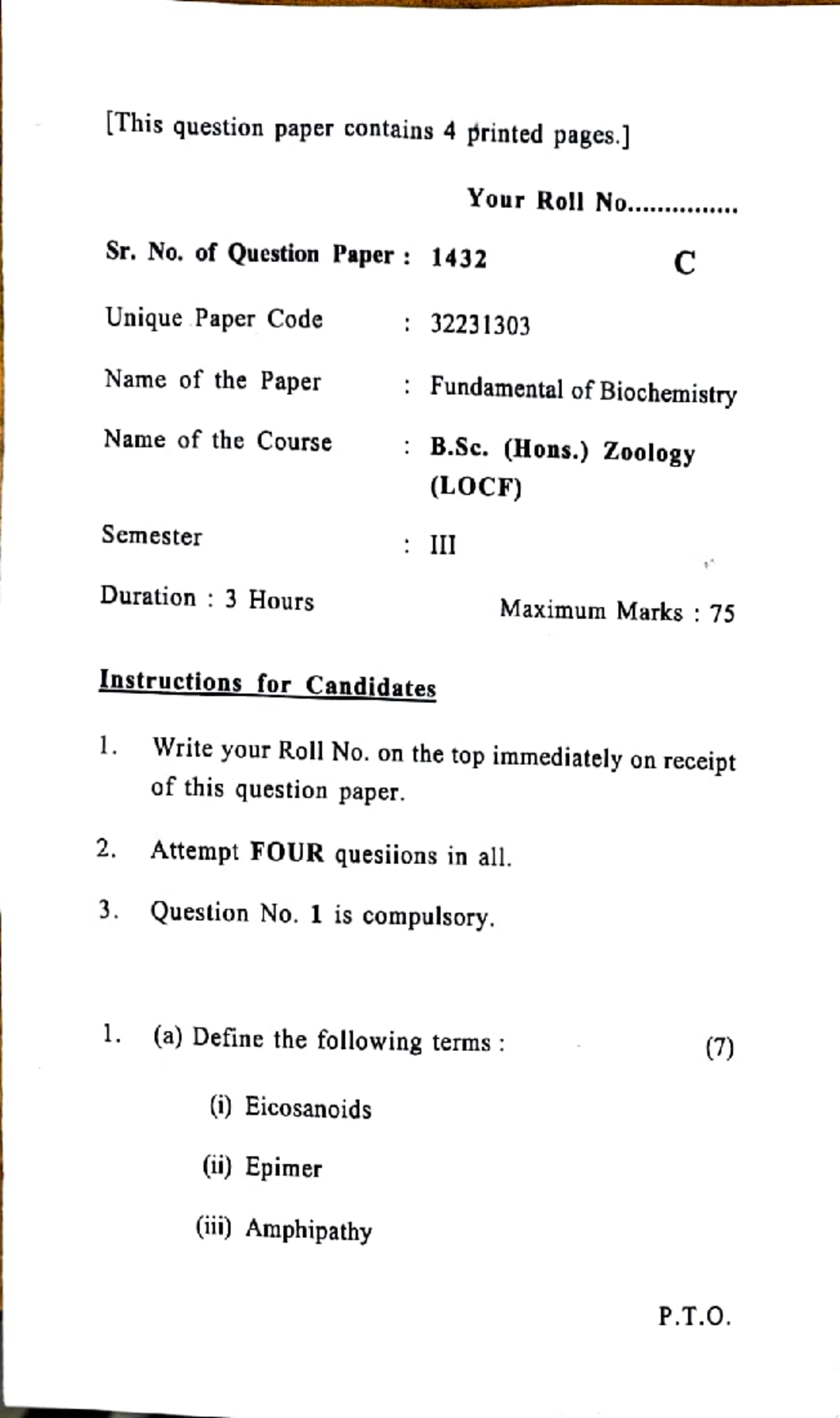B.Sc. Zoology (Hons) - Biochemistry PYQs for Exam Preparation - Studocu