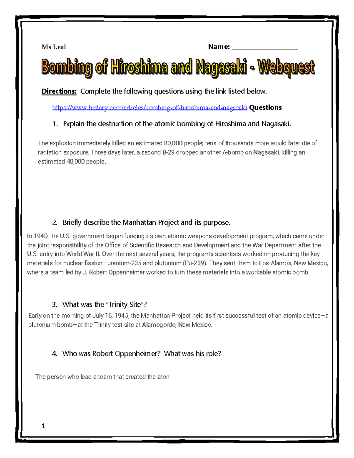 Atomic Bombing of Japan: Ms Leal's Study Guide - Studocu