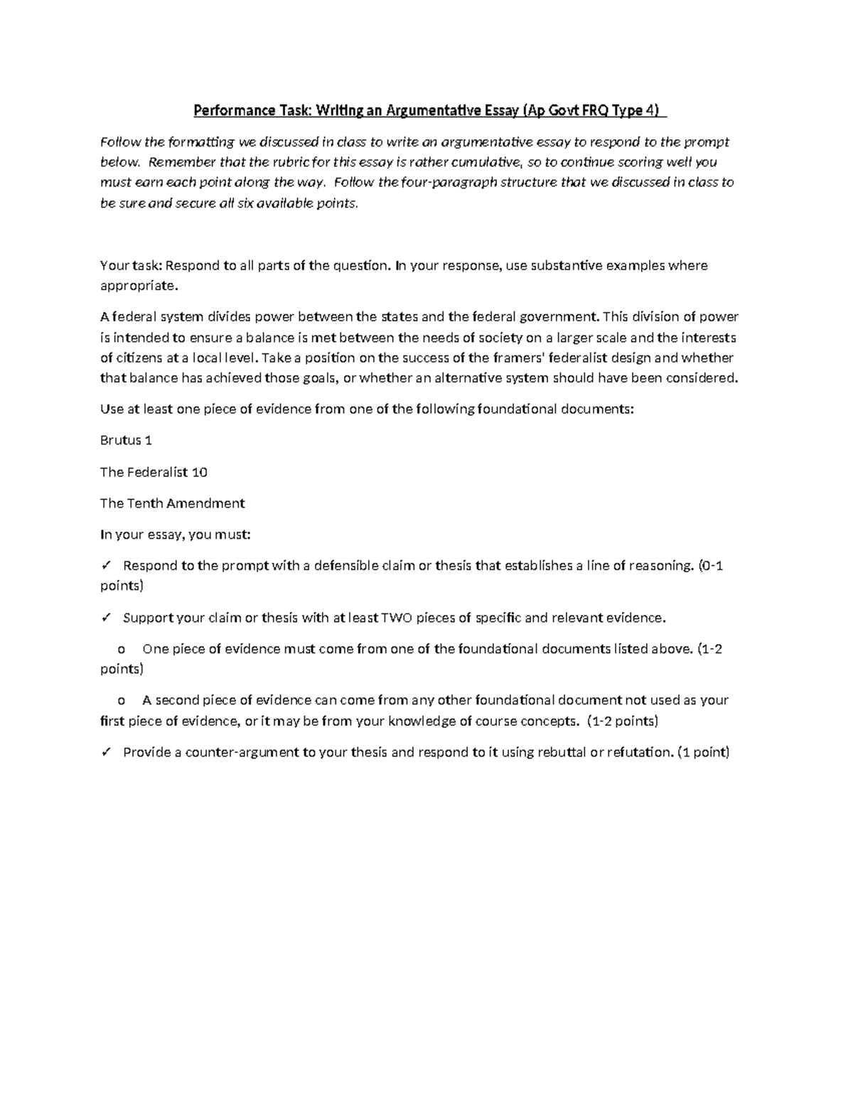 AP Gov FRQ Essay Performance Task: Argumentative Writing Guide - Studocu