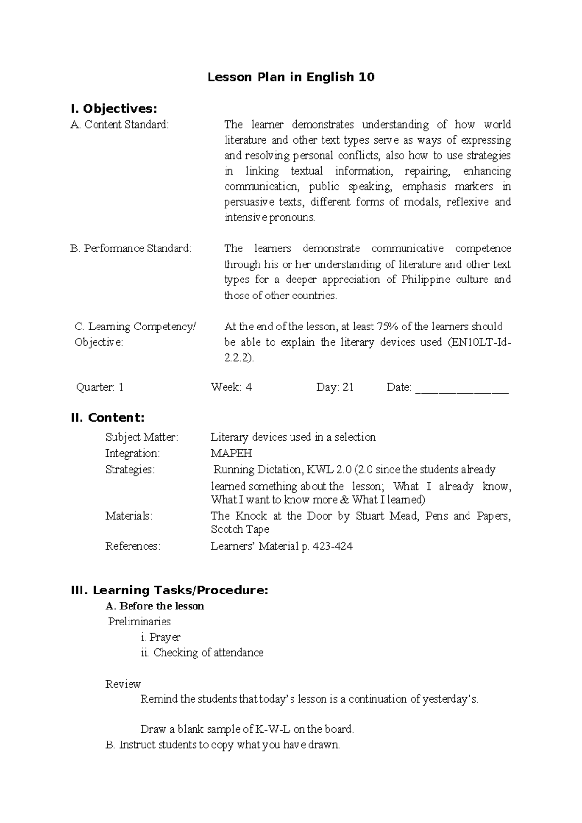 Lesson Plan for English 10: Literary Devices and Communication Skills ...