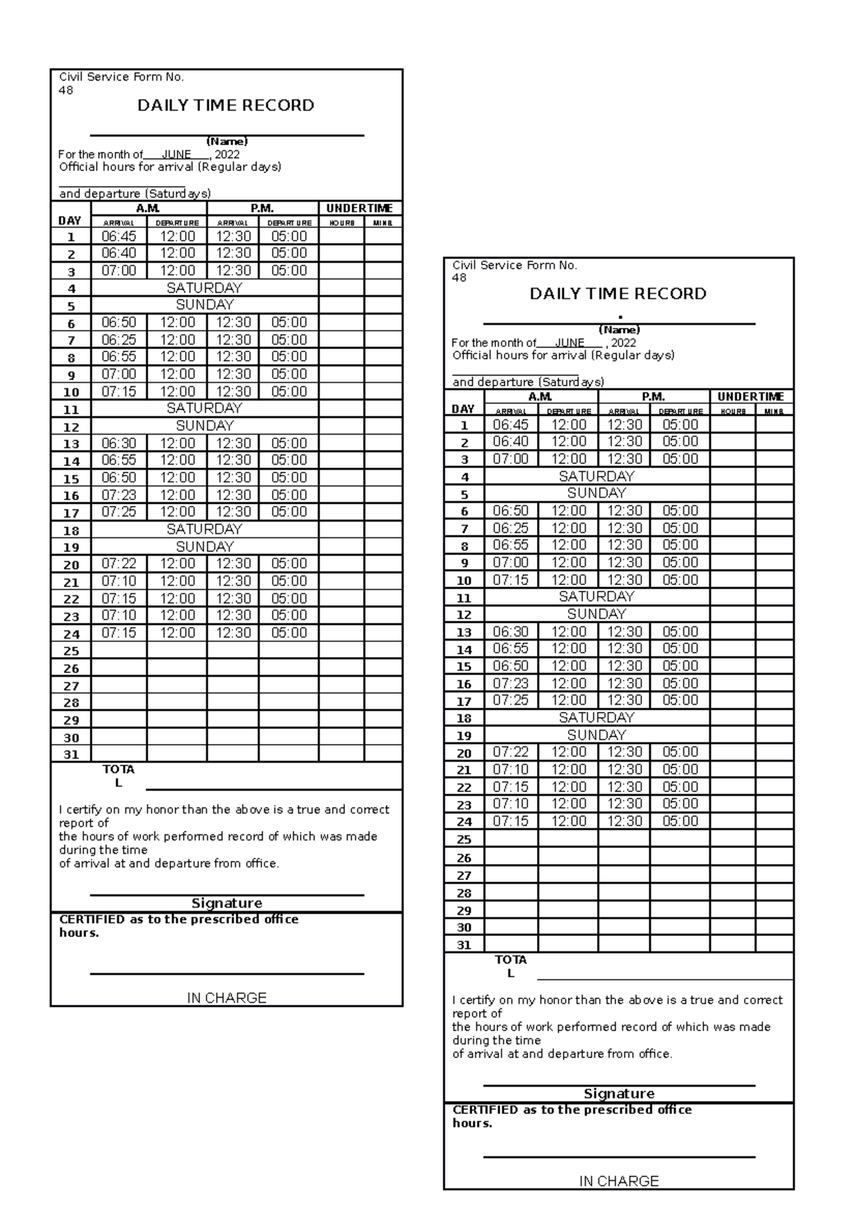 Civil Service Form 48: Daily Time Record for June 2022 - Studocu
