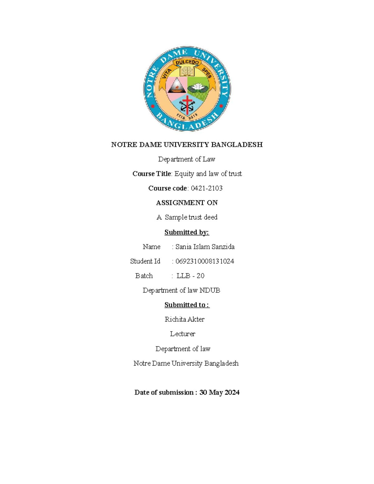 Equity and Law of Trust: Sample Trust Deed Assignment (LLB) - Studocu