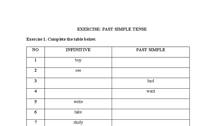 Exercise: Past Simple Tense Practice (ENG 101) - Studocu