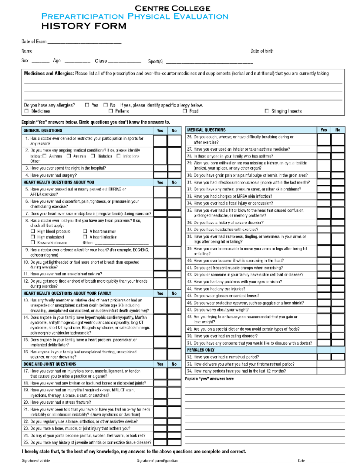 CENTRE COLLEGE PREPARTICIPATION PHYSICAL EVALUATION FORM - Studocu