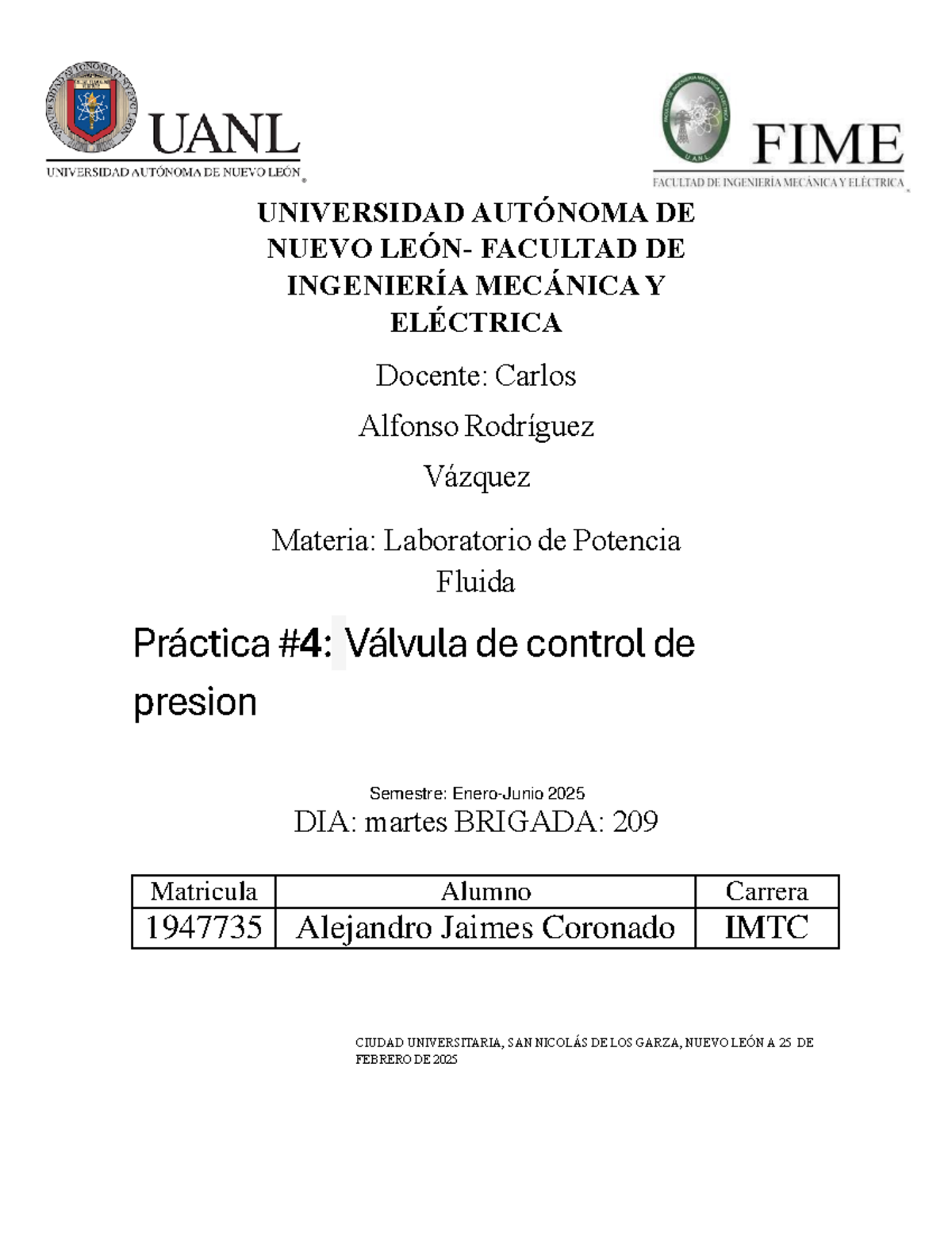 Práctica 4: Válvula de Control de Presión en Laboratorio de Potencia Fluida - Studocu