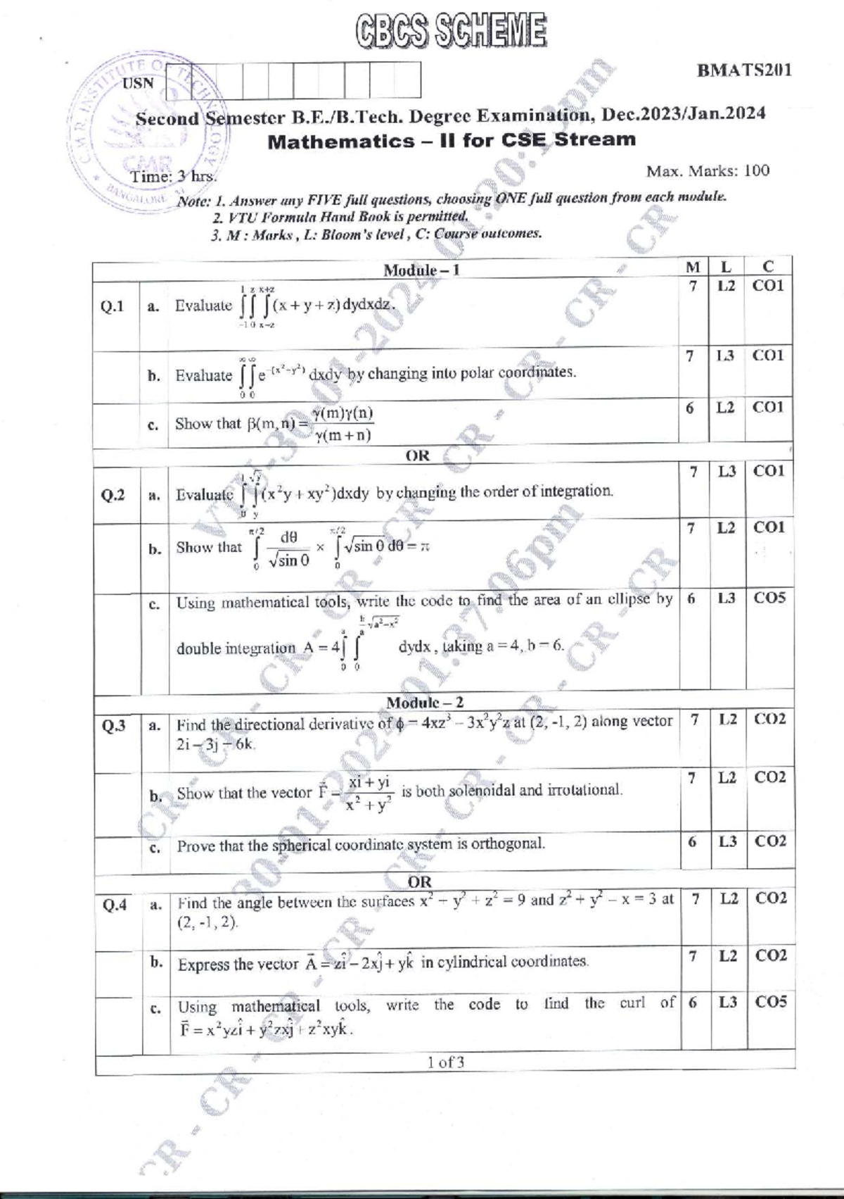 VTU Jan-Feb 2024 Question Paper: BMATS201 Mathematics II for CSE - Studocu