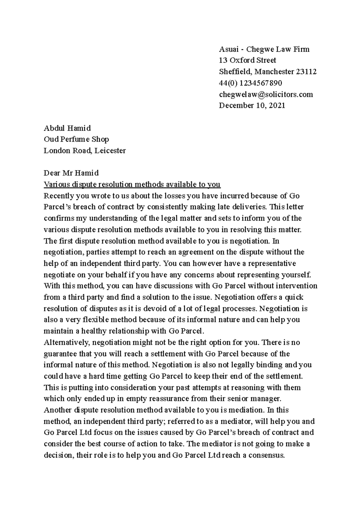 Client Letter: Dispute Resolution Options for Summative Essay - Studocu