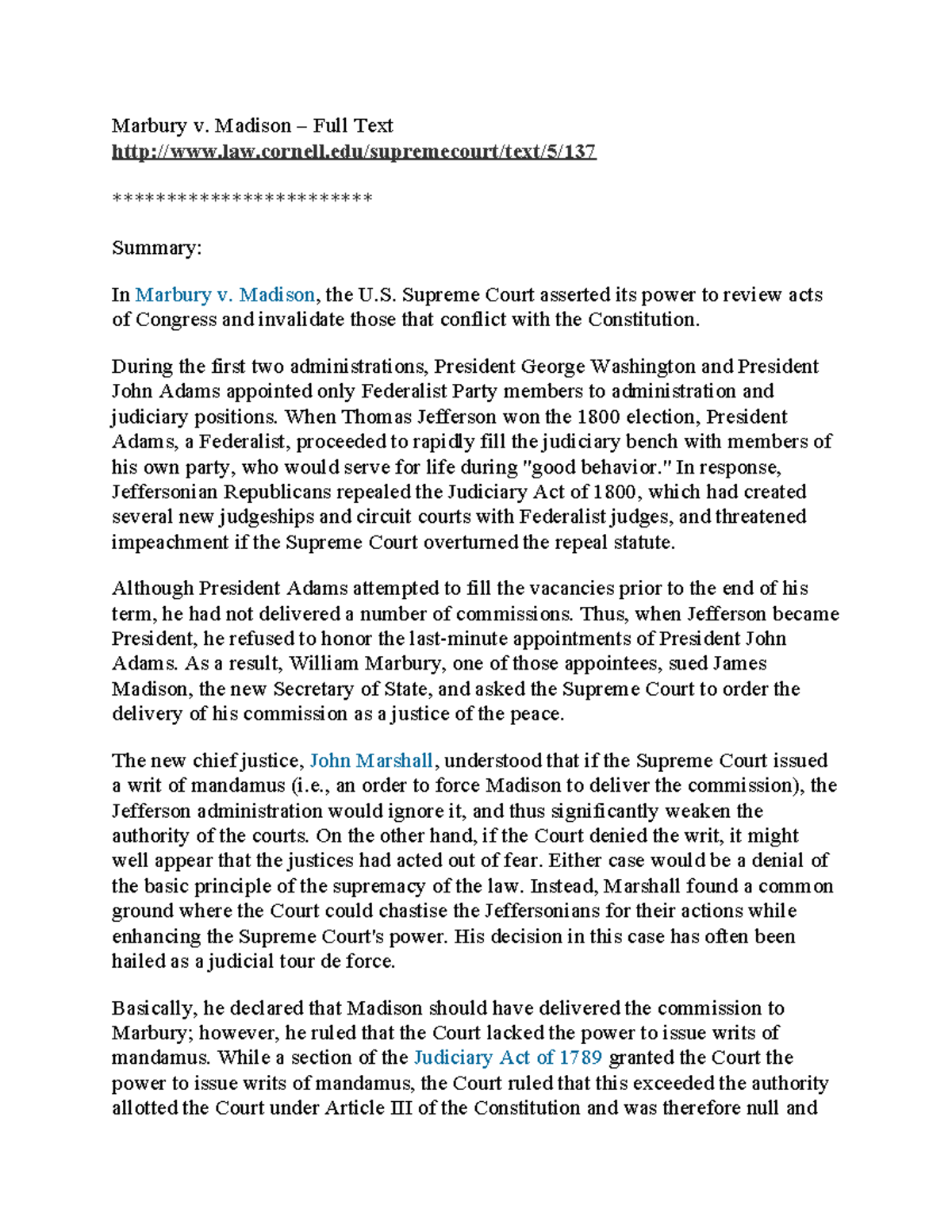 Marbury v. Madison: Supreme Court's Landmark Ruling on Federal ...