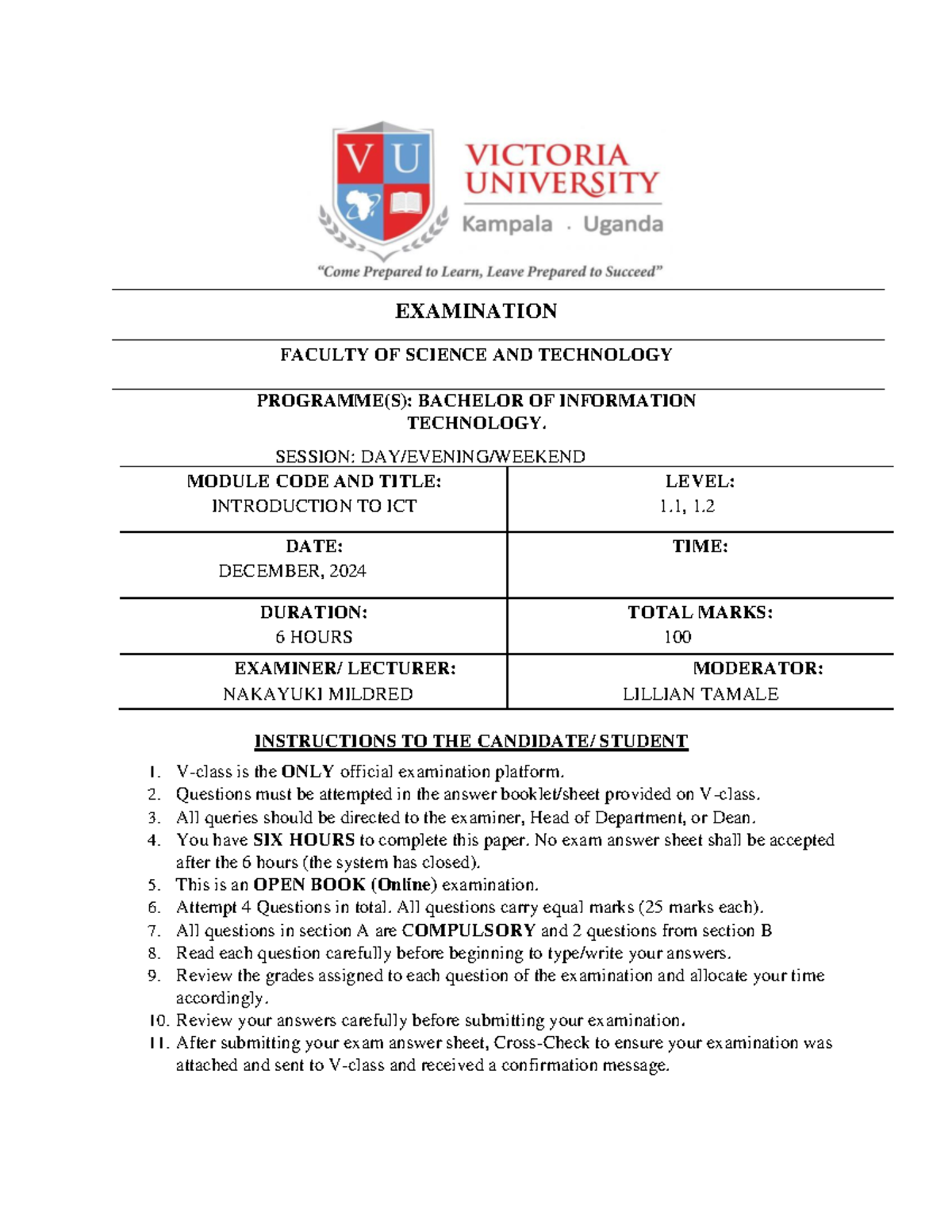 Undergraduate Introduction TO ICT - EXAMINATION FACULTY OF SCIENCE AND ...