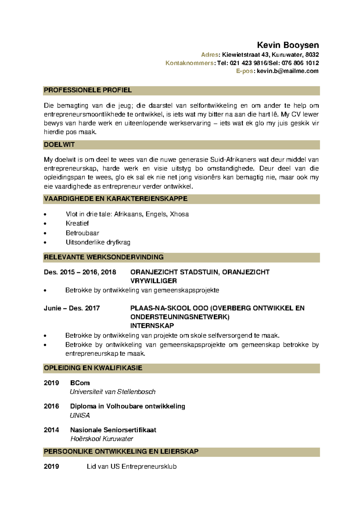 CV Voorbeeld - Hoe om 'n CV te skryf en uit te voer - Studocu
