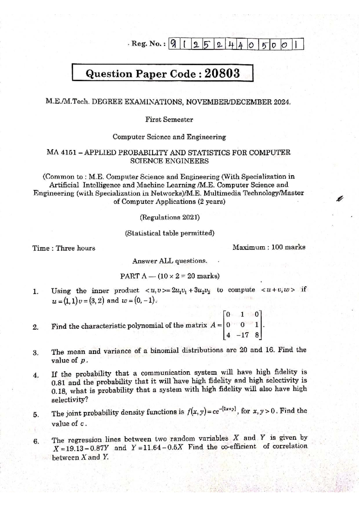 MA4151 - Final Exam: Applied Probability & Statistics for CSE - Studocu