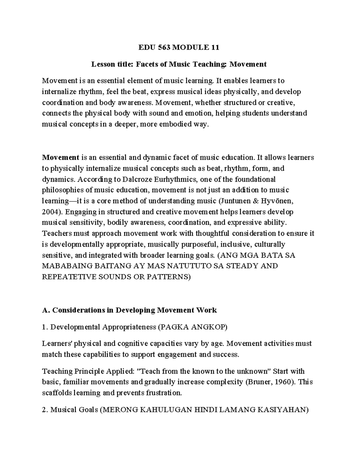 EDU 563 Module 11 - Lesson on Movement in Music Teaching - Studocu