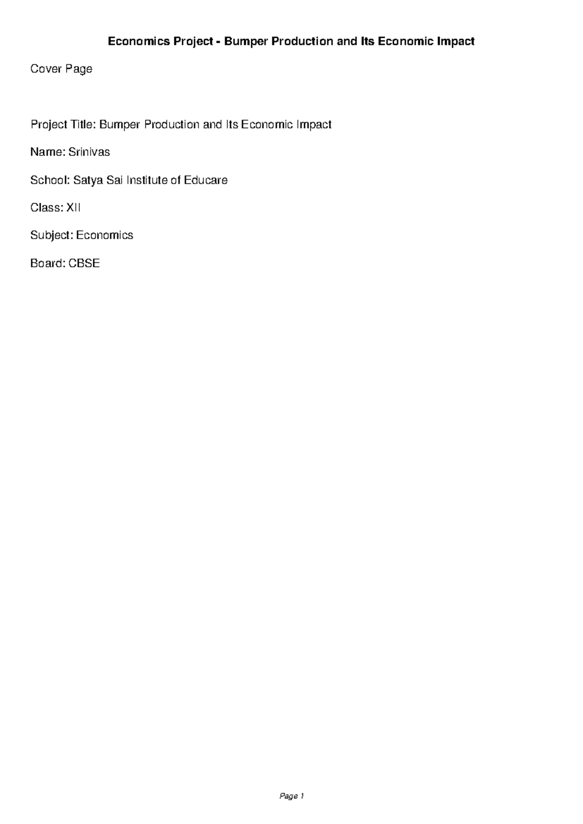 Economics Project: Bumper Production & Economic Impact (Class XII) - Studocu