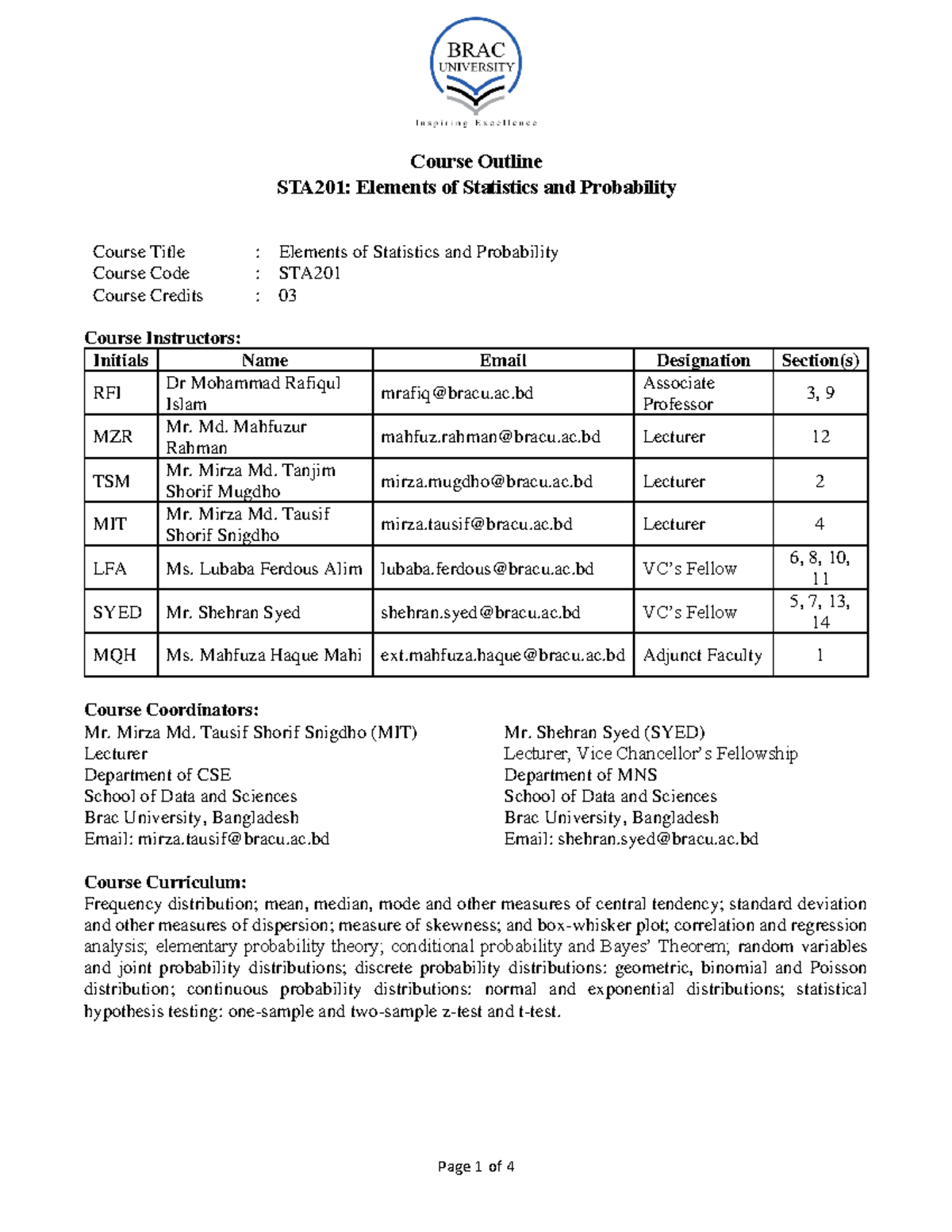 Course Outline STA201: Elements of Statistics & Probability - Studocu
