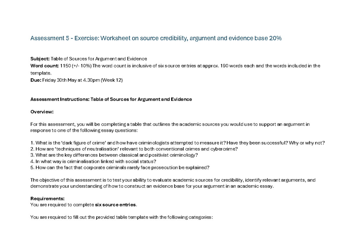 Assessment 5: Worksheet on Source Credibility, Argument & Evidence ...