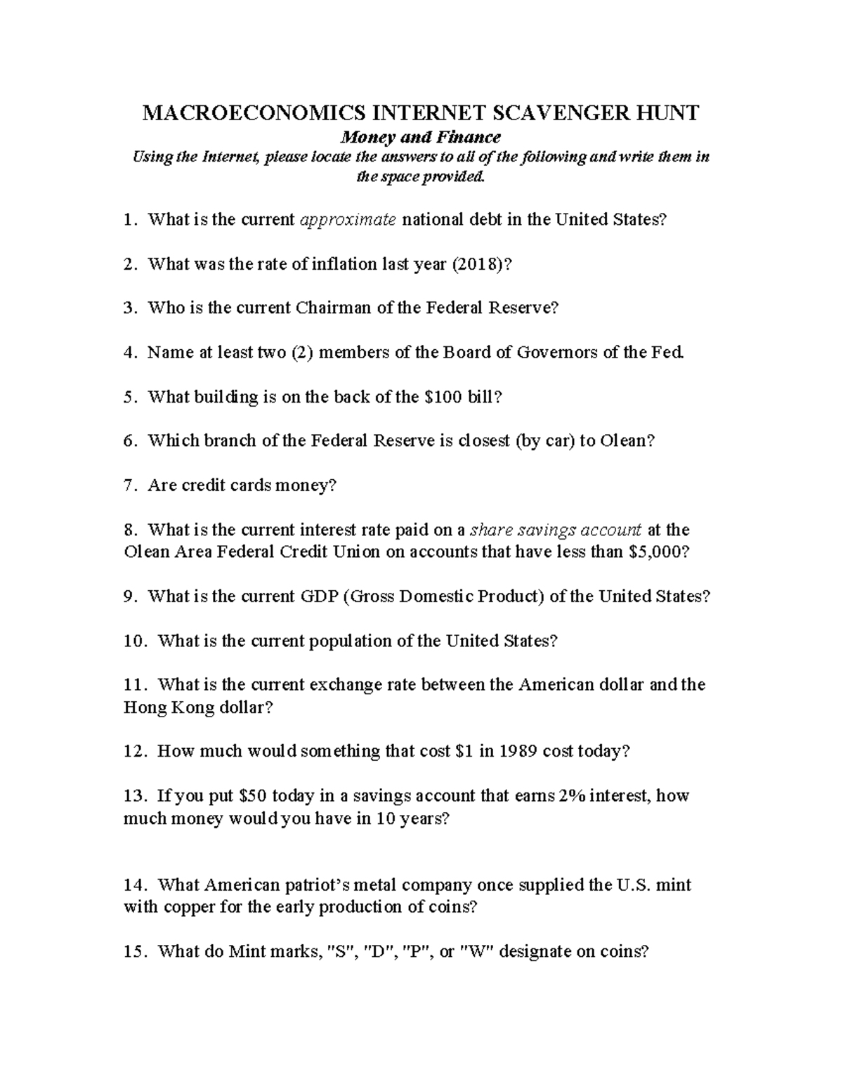 ECON 101: Macroeconomics Internet Scavenger Hunt Questions & Answers ...