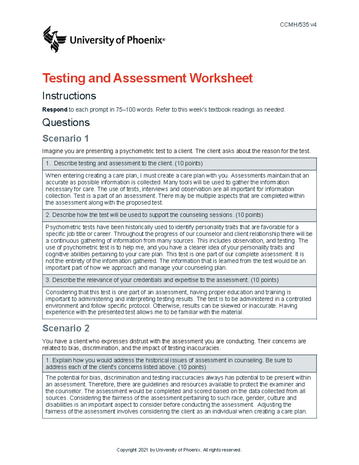 CCMH/535 V - Testing and Assessment Worksheet: Week 1 Insights - Studocu