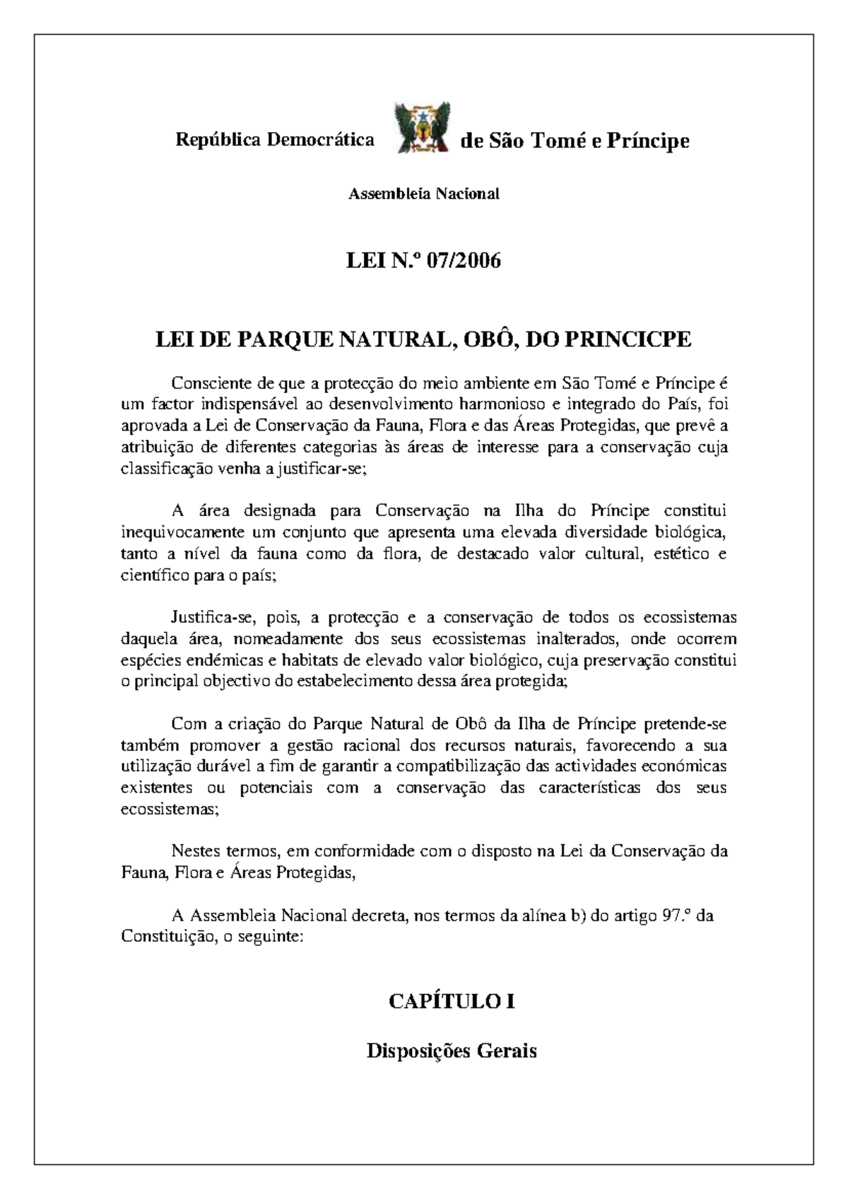 Lei 07-06: Criação e Gestão do Parque Natural do Príncipe - Studocu
