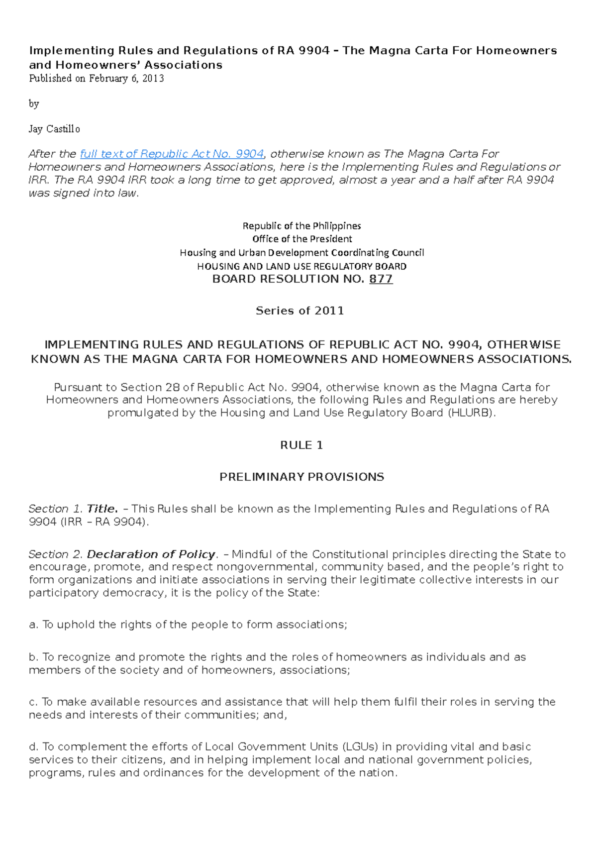 IRR of RA 9904: The Magna Carta for Homeowners & Associations - Studocu