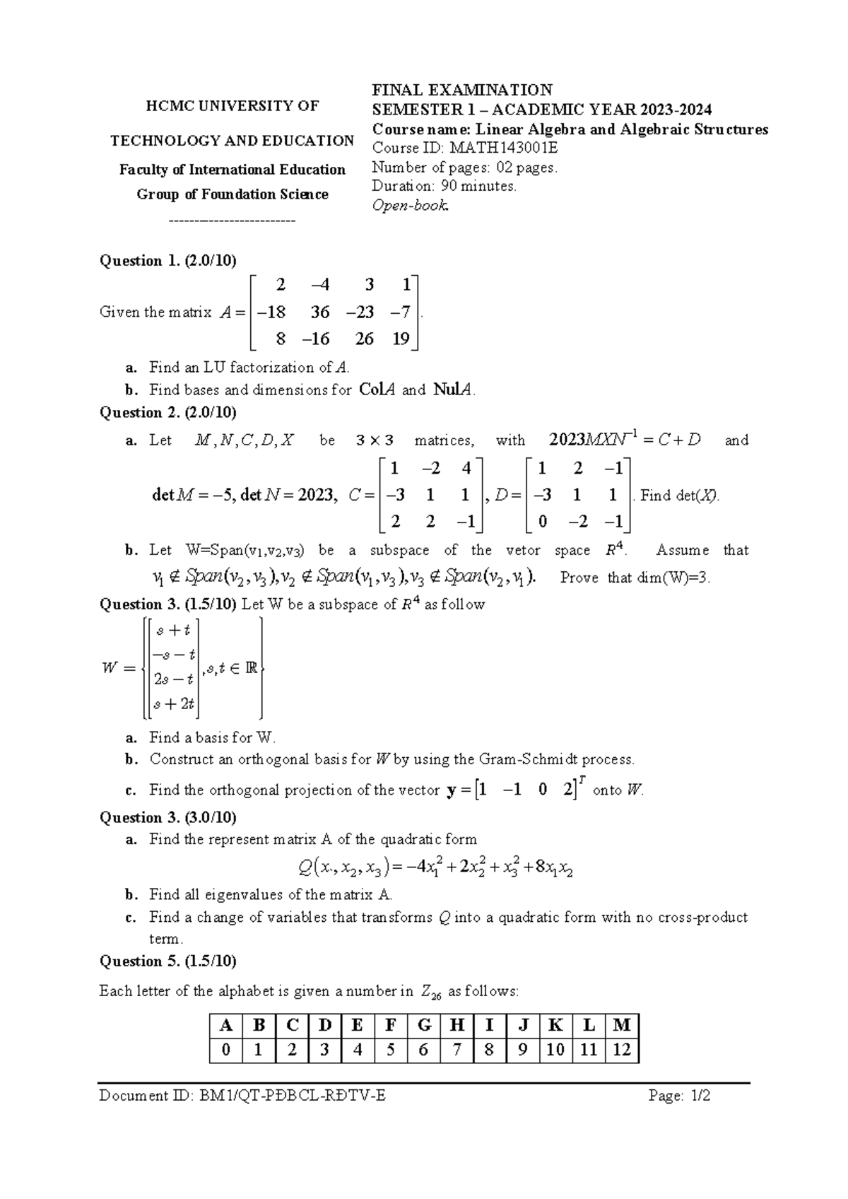 FINAL EXAM MATH143001E: Linear Algebra & Algebraic Structures - Studocu
