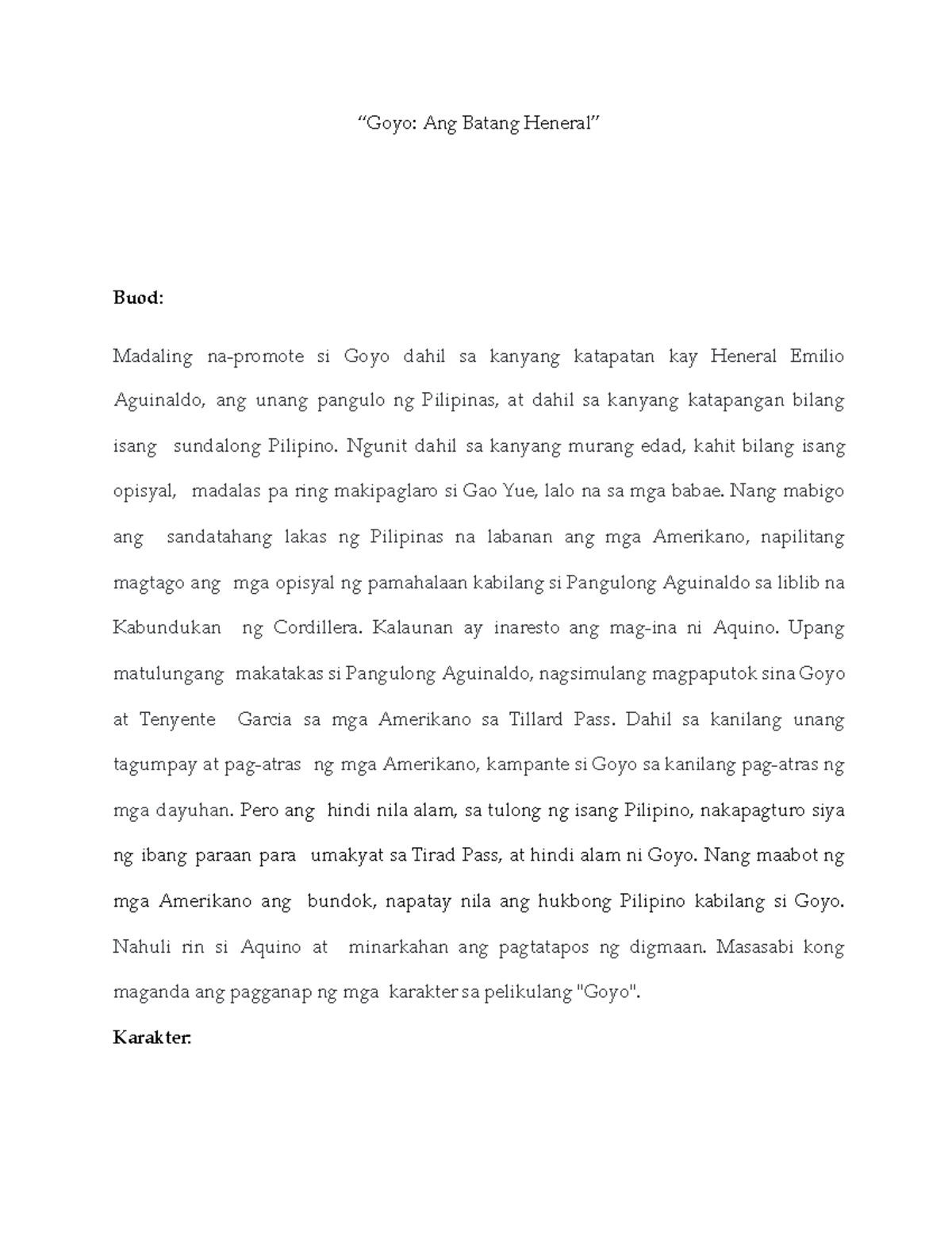 Pagsusuri sa Pelikulang "Goyo: Ang Batang Heneral" - HDG 101 - Studocu