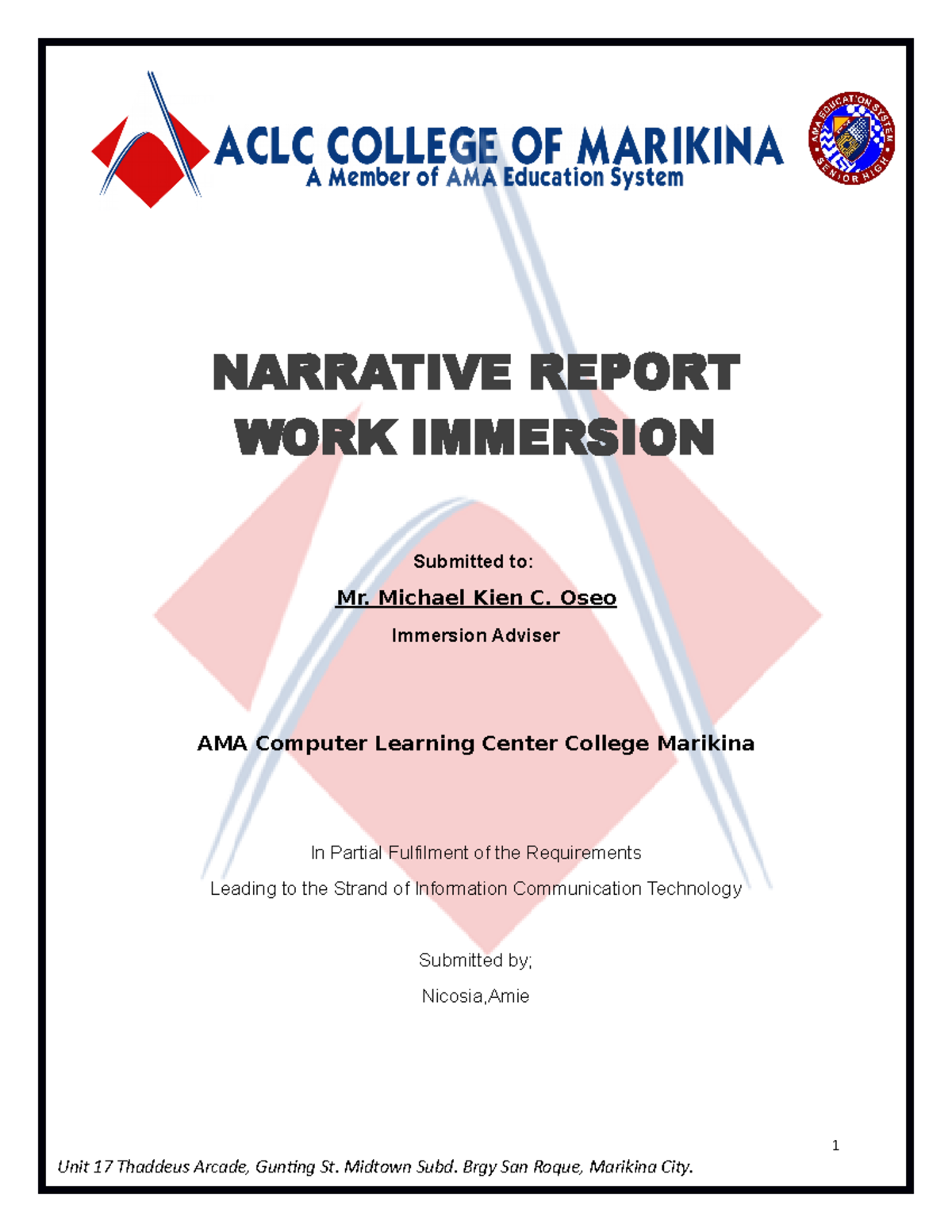 Narrative Report on Work Immersion in ICT - AMA 101 - Studocu