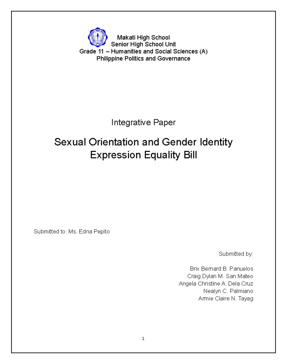 Integrative Paper - Makati High School Senior High School Unit Grade 11 ...