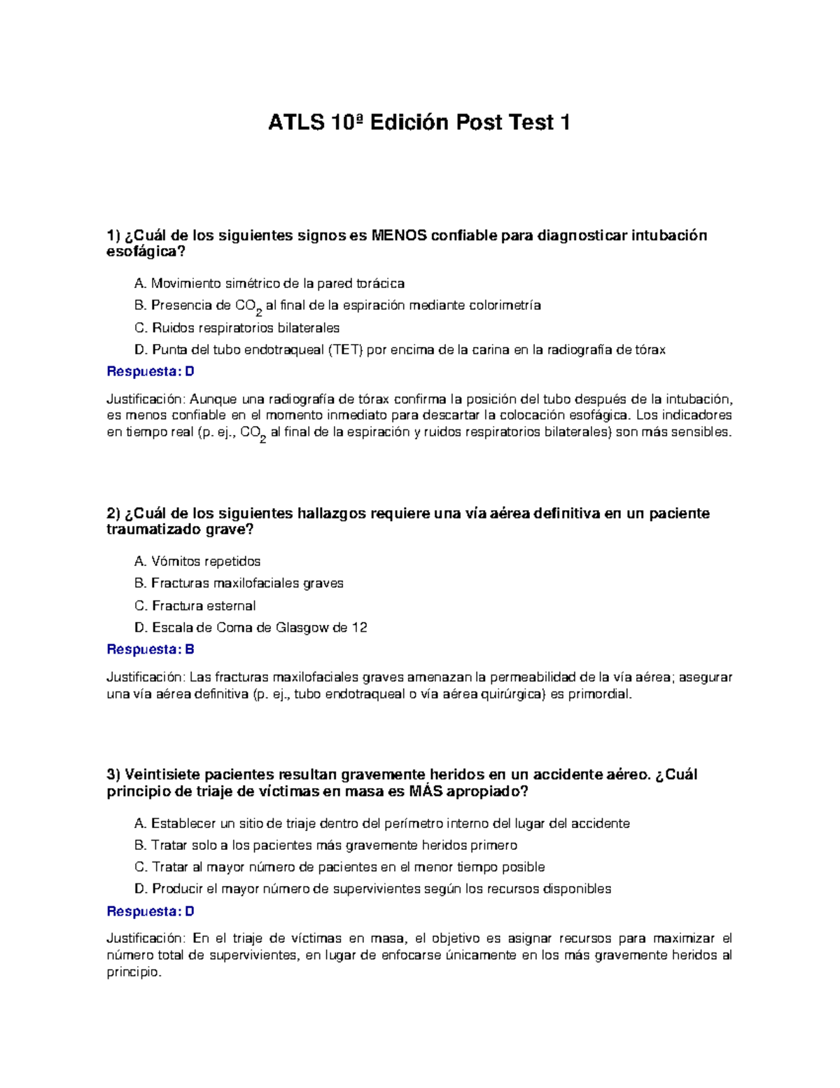 ATLS 10ª Edición Post Test 1: Preguntas y Respuestas Clave - Studocu