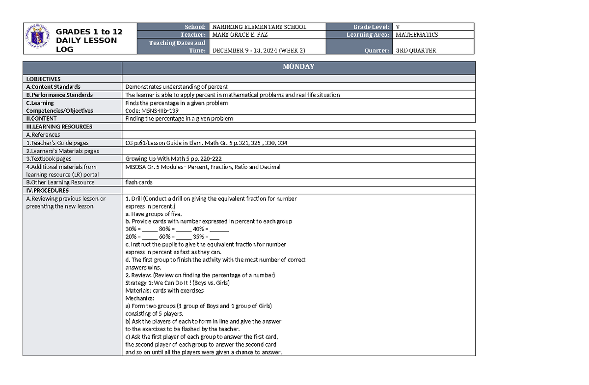 DLL Mathematics 5 Q3 W2: Daily Lesson Log for Percent Concepts - Studocu