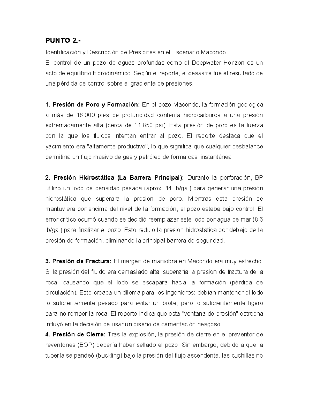 PUNTO 2: Análisis de Presiones en el Pozo Macondo y el Desastre de ...