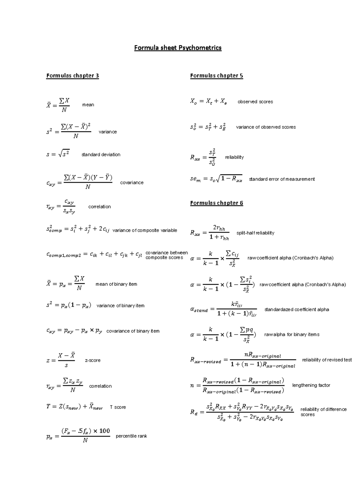 Psychometrics Formula Sheet for 23-24 Academic Year - Studeersnel